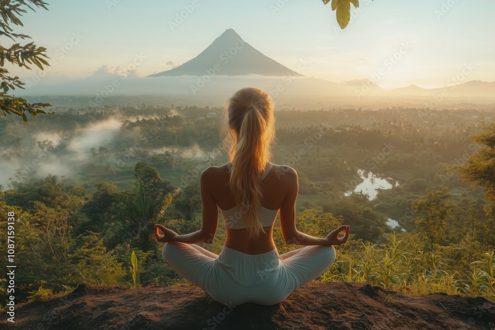 Young woman practicing yoga at sunrise with mount mayon volcano in the ...