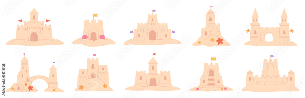 Cartoon sand castles. Children build castle on sea beach. Kids seaside ...