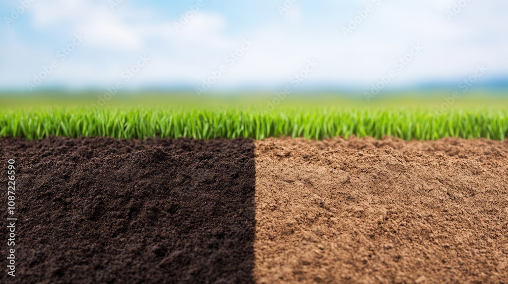 The image shows a cross-section of soil layers with green grass above ...