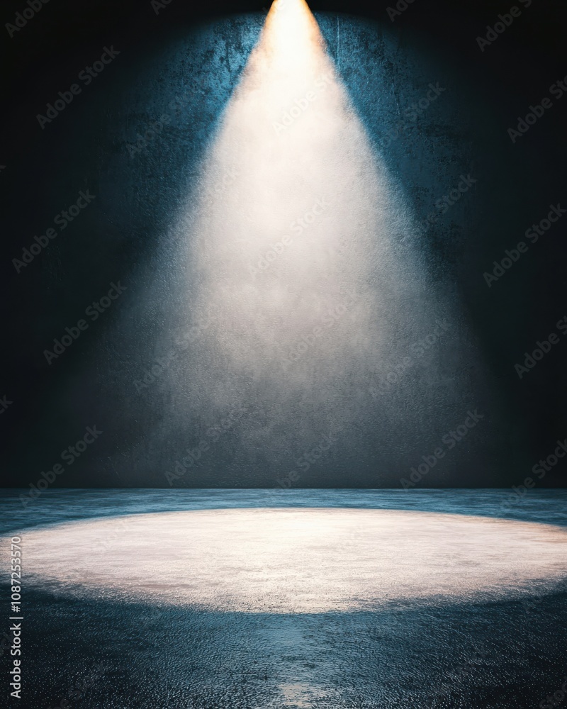 A dimly lit stage with a spotlight illuminating a circular area on the ...