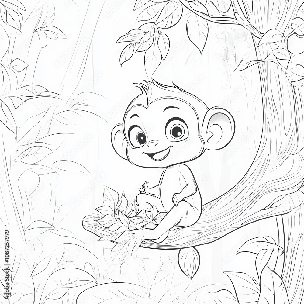 Cartoon monkey coloring page, thick line, low details, no shading Stock ...