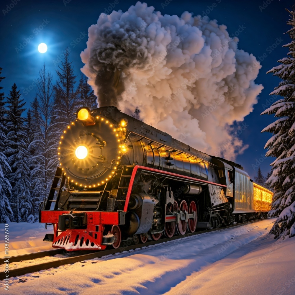 Vintage steam train with festive lights is chugging through a snowy forest at night, emitting a ...