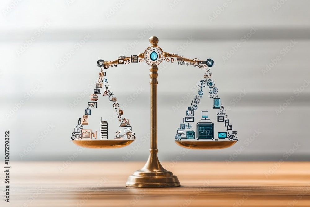 A brass scale displays various icons symbolizing digital and ...