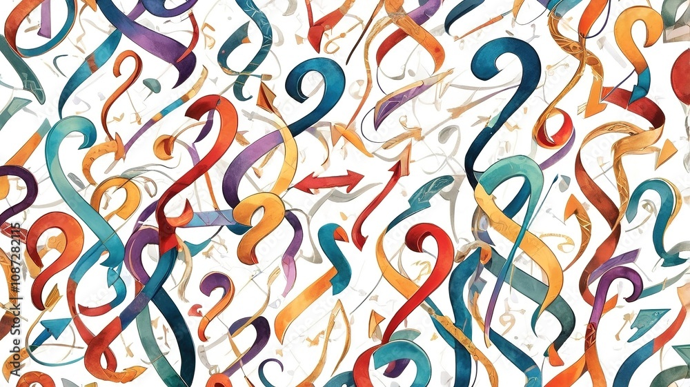 Design of tangled arrows and question marks symbolizing confusion, with ...