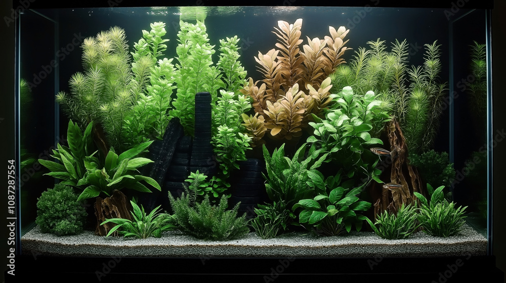 Aquarium landscape with diverse aquatic plants and decorative elements ...