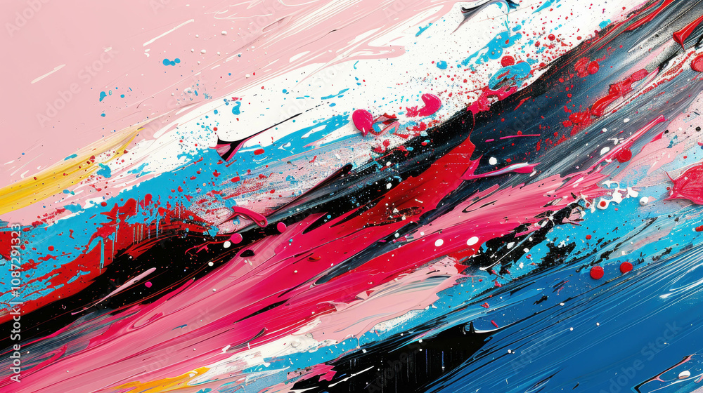 A painting with splatters of red, blue, and yellow. The colors are ...