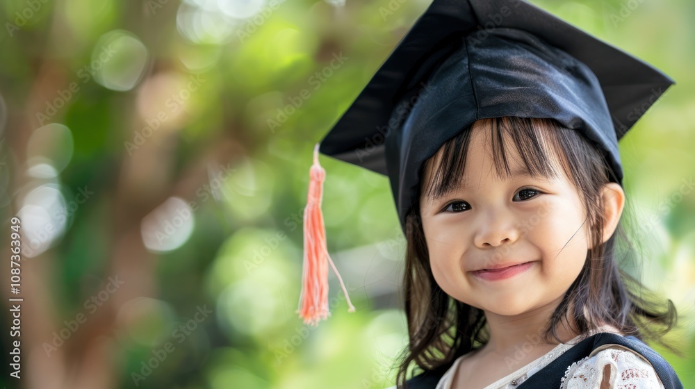 Cute Thai baby girl wearing a graduation cap and smiling with pride on ...