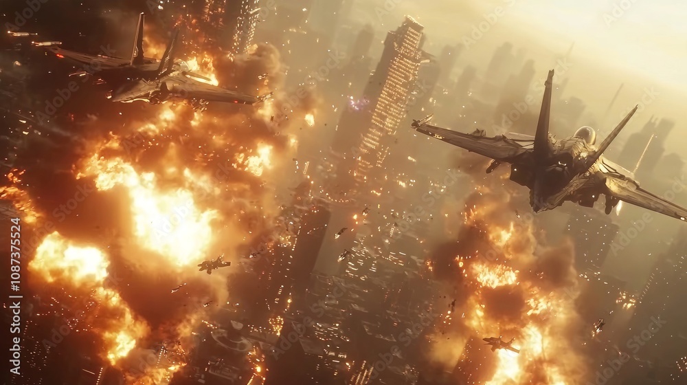 Intense Aerial Conflict: Fighter Jets vs. Alien Ships Over Cityscape ...