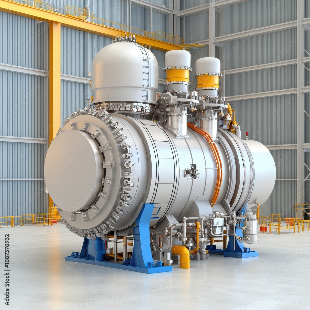 A large, industrial reactor vessel sits in a spacious facility ...