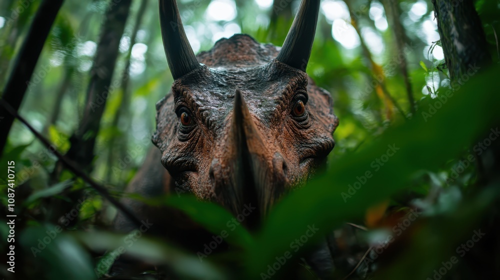With piercing eyes and formidable horns, a dinosaur emerges from jungle ...