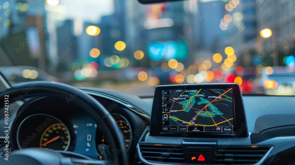 Car interior: dashboard with touch screen map, speedometer, and ...