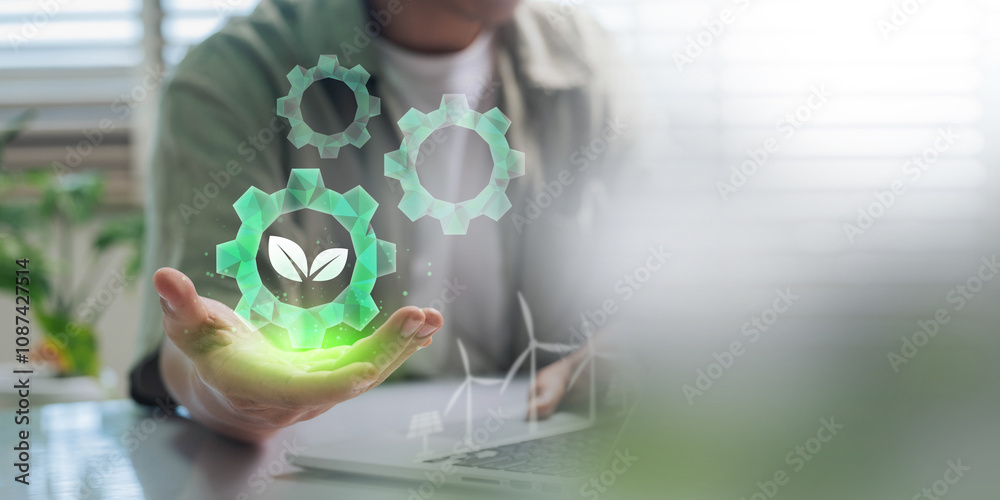 Eco-Friendly Business Strategy: Hand Holding Digital Green Gear Symbol ...