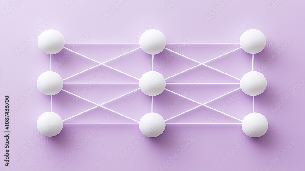 Minimalist network design with white spheres and lines on purple ...