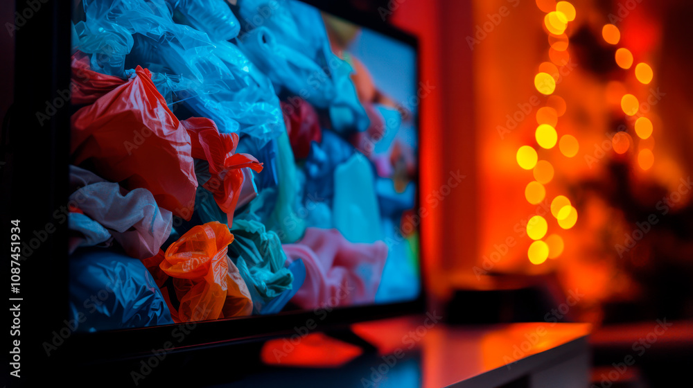 TV screen showing piles of garbage - concept of brainwashing ...