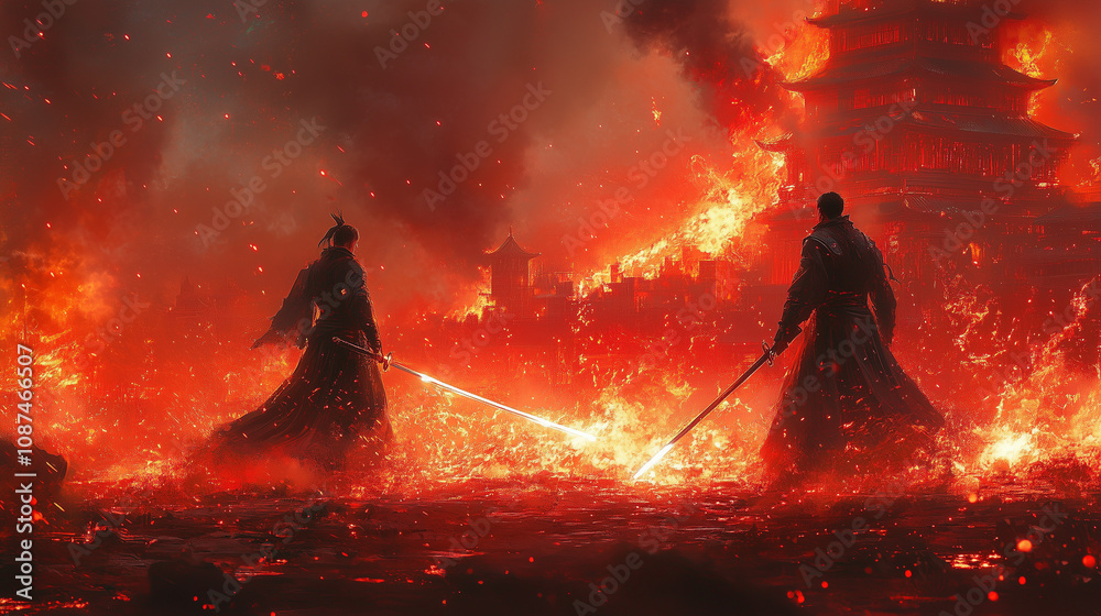 Epic anime battle scene between two powerful warriors, with a fiery ...
