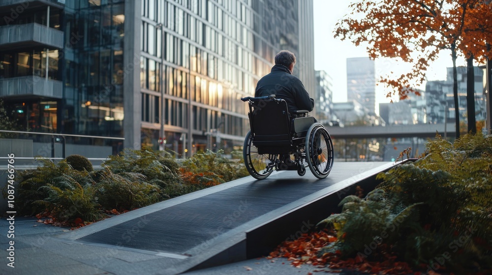 Foto Person in a wheelchair using an accessible ramp in a modern city ...
