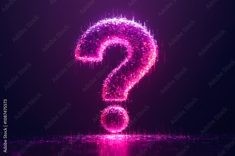 Futuristic neon question mark illuminated in a digital mist ...