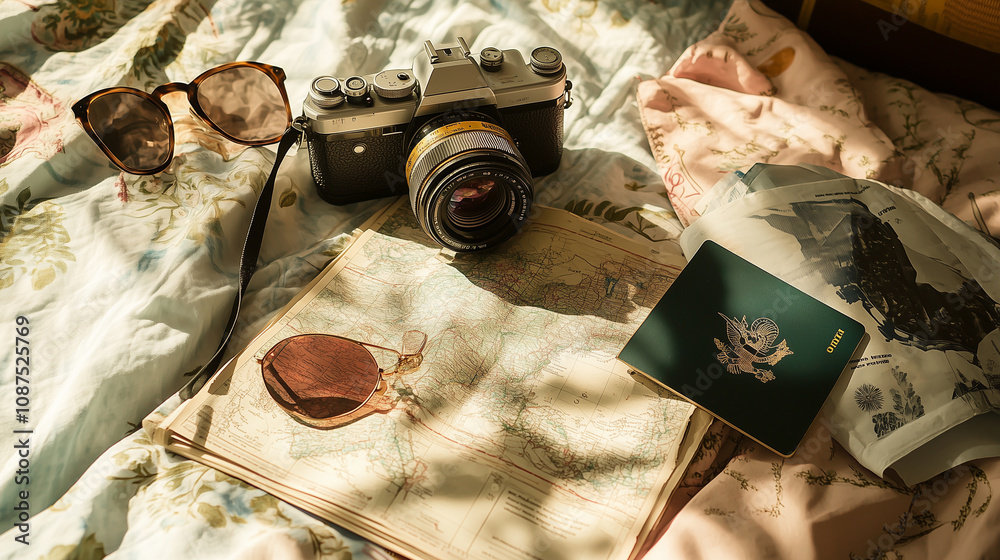 Travel essentials like a passport, camera, map, and sunglasses laid out ...