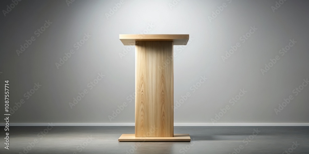 A wooden lectern with a simple design, standing on a grey floor in a ...