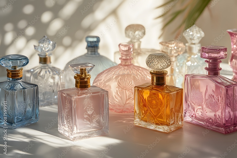 Elegant Glass Perfume Bottles with Floral Designs and Artistic Lighting ...