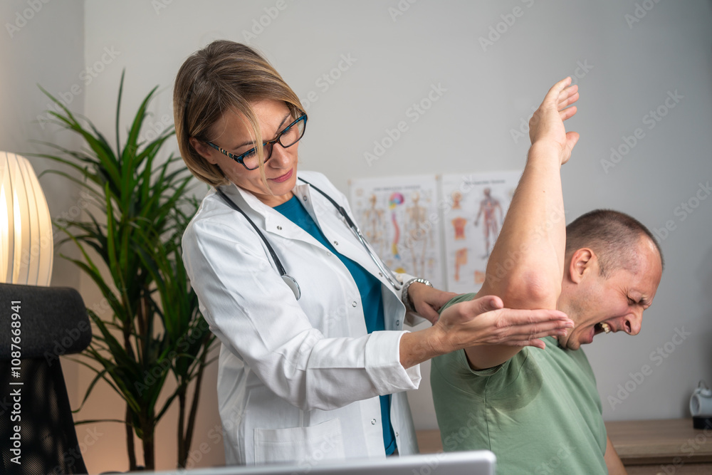 A Modern rehabilitation physiotherapy worker with man client. Therapist ...