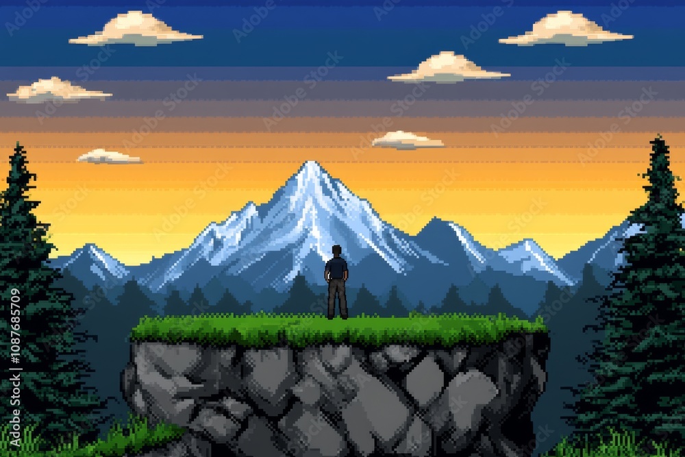 Pixel art of an adventurer climbing a mountain in a retro video game ...