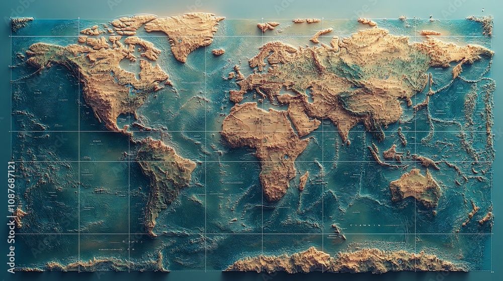 Here's a and keyword list for your stock photo.. 3D relief world map ...