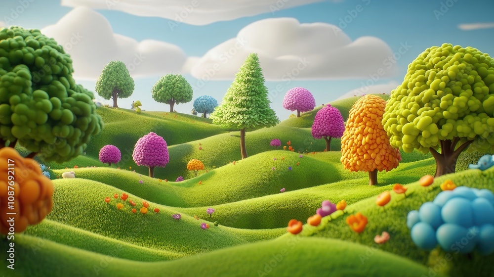 A cheerful cartoon area chart with animated trees and hills, where each ...