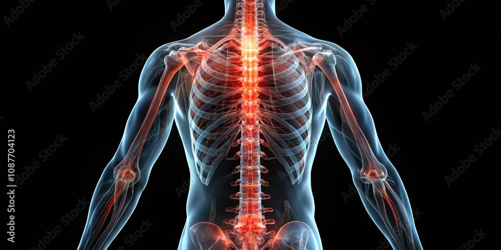 3D Render Human Spine Anatomy with Red Pain Indication, Skeletal System ...