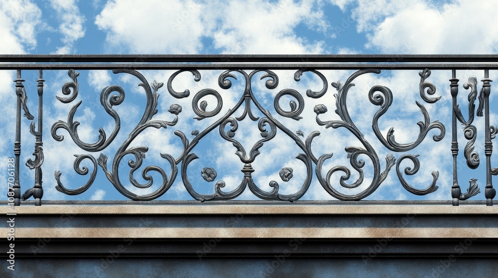 Vintage balcony with beautiful iron railing, realistic scrollwork ...