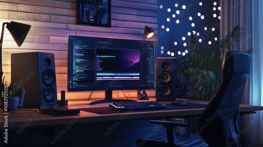 The desktop workspace setup concept with a wide monitor looks modern ...