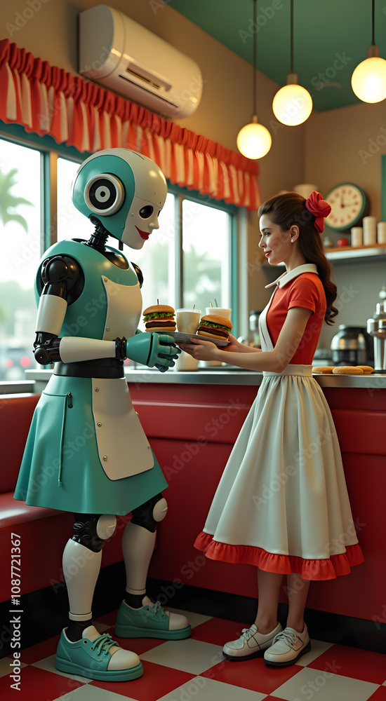 A retro diner scene features a robotic server delivering milkshakes and ...