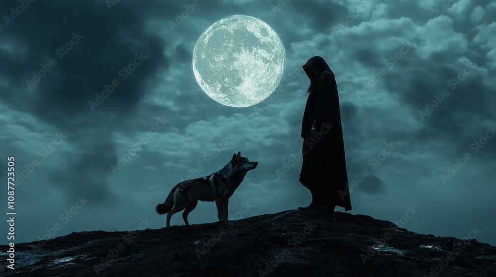 A silhouette of a mysterious veiled female warrior stands on a hill ...