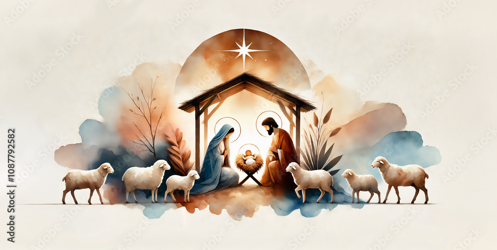 Nativity scene in Bethlehem. Watercolor painting. Christmas scene ...