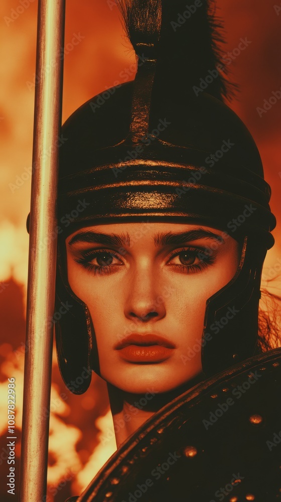 A fierce warrior woman in leather armor, holding a spear and shield, representing strength and ...