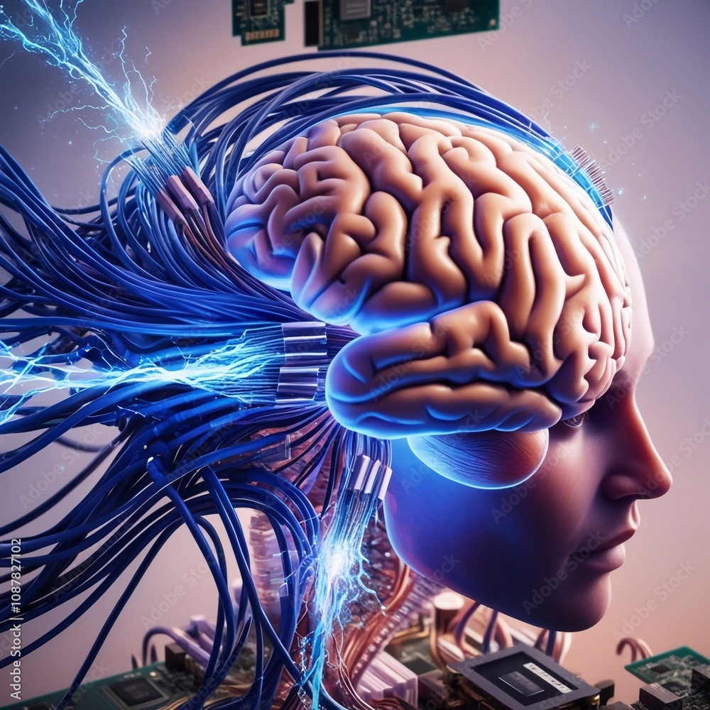 Artificial intelligence in the form of a human head, futuristic digital ...