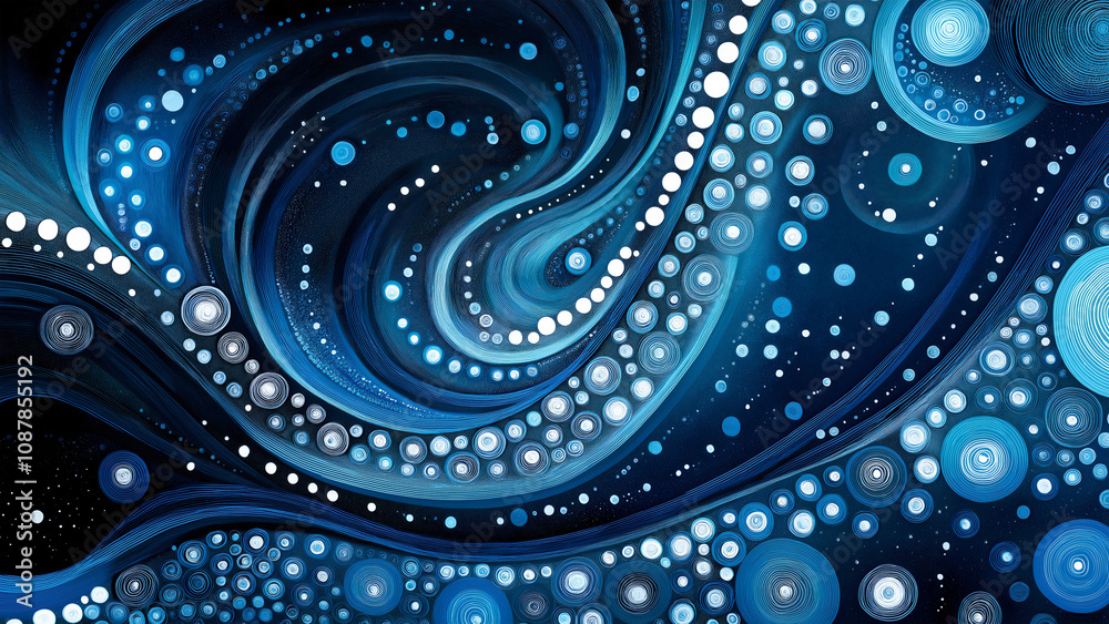 Aboriginal dotwork with a swirling pattern of blue and white dots on a ...