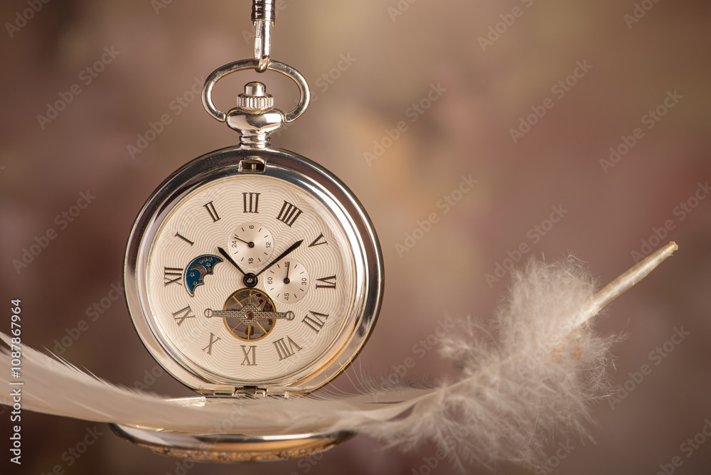 Pocket watch, beautiful pocket watch and a feather, hanging by the ...