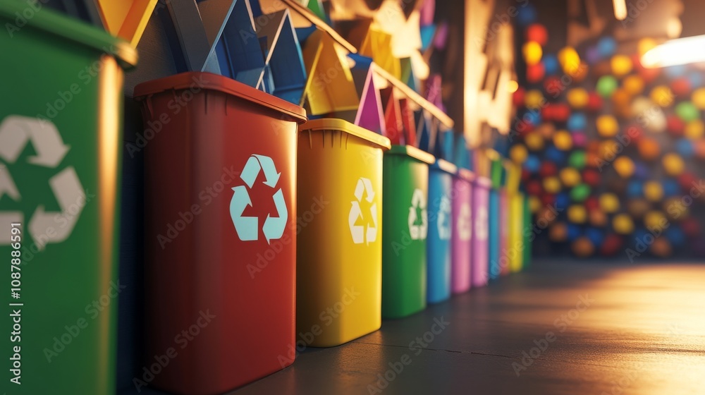 Colorful bins with recycle symbols show how to sort trash for recycling ...