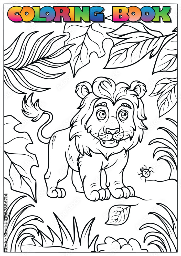 Adorable lion cub standing in a jungle setting, surrounded by leaves ...