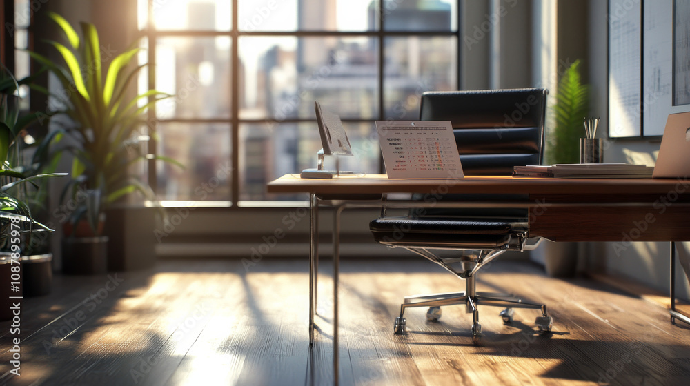 The scene includes subtle elements like a project timeline chart on the ...