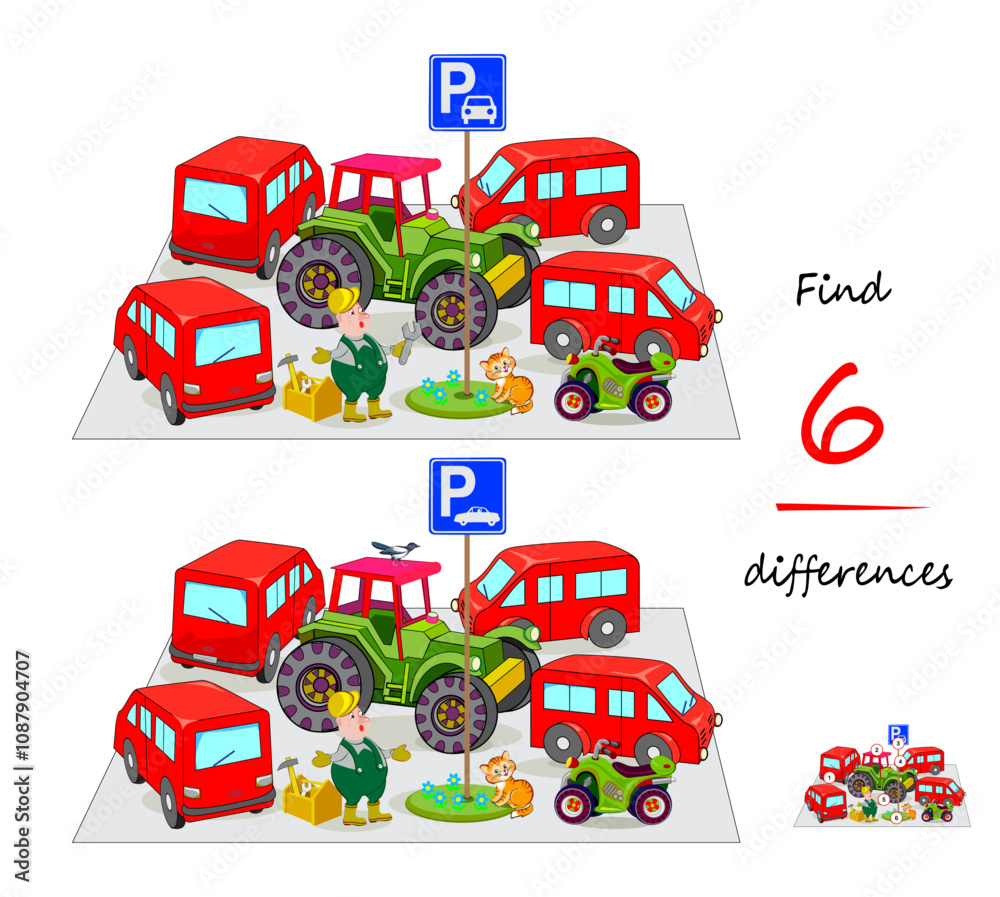 Find 6 differences. Illustration of a worker in a parking lot between ...