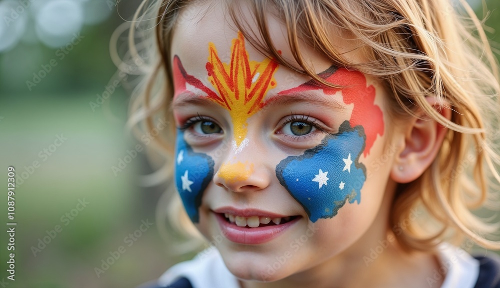 Smiling child with Australian flag face paint, expressing pride and joy ...