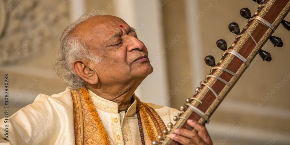 Indian musician playing a sarangi, a traditional bowed stringed ...
