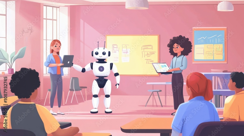 Students collaborating with an AI robot assistant during a lesson ...