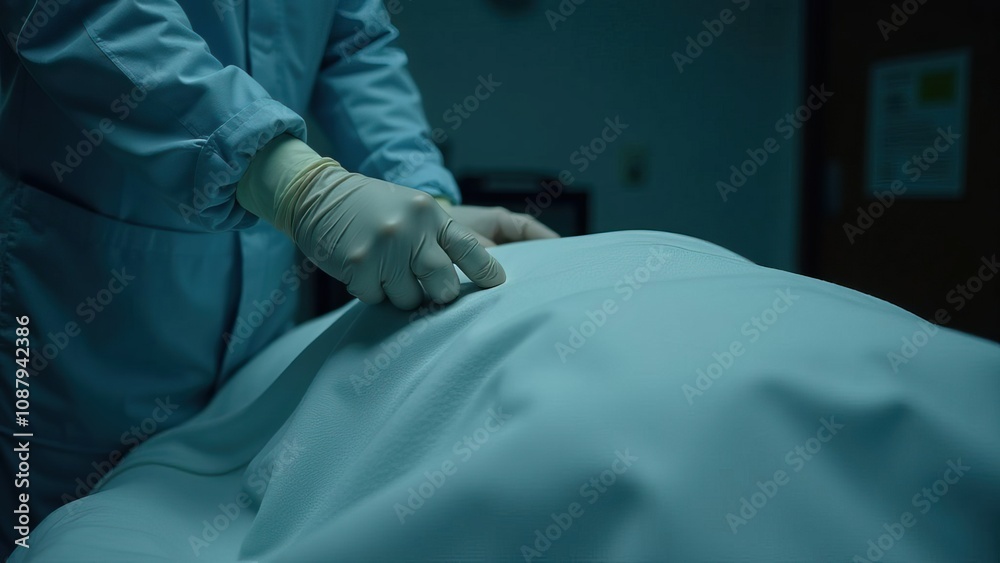 Gloved hands of morgue worker adjusting white sheet in dimly lit ...