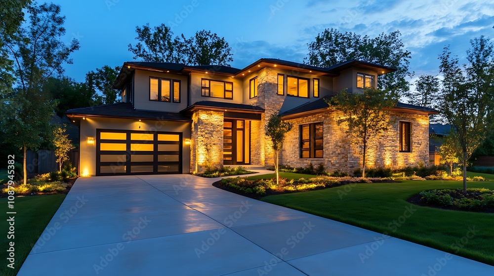Night view a modern house with exterior lighting along the driveway and ...