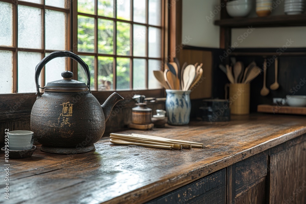 japanese kitchen dcor, inside a classic japanese kitchen, a tetsubin ...