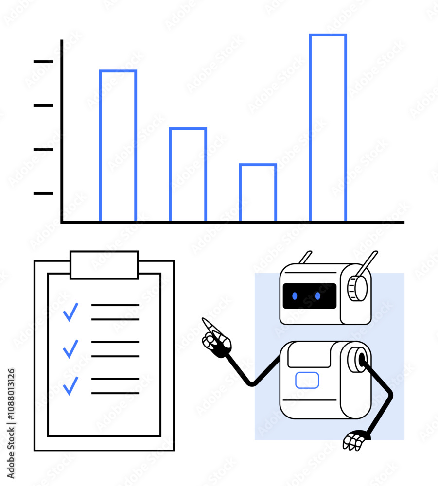 Robot pointing to a bar chart with four bars and a checklist with three ...