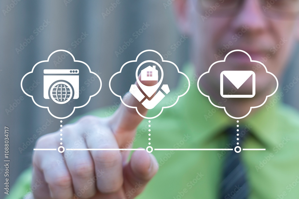 Business person using virtual touch screen presses icon symbolizing ...